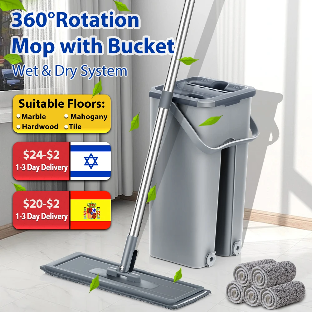 Hand Free Flat Floor Mop And Bucket Set For Professional Home Floor ...