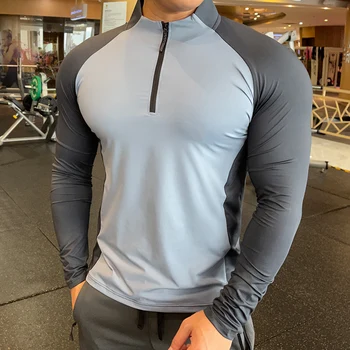 Zipper Collar Long Sleeve Men's Fitness T Shirt - Men's Fitness Apparel ...