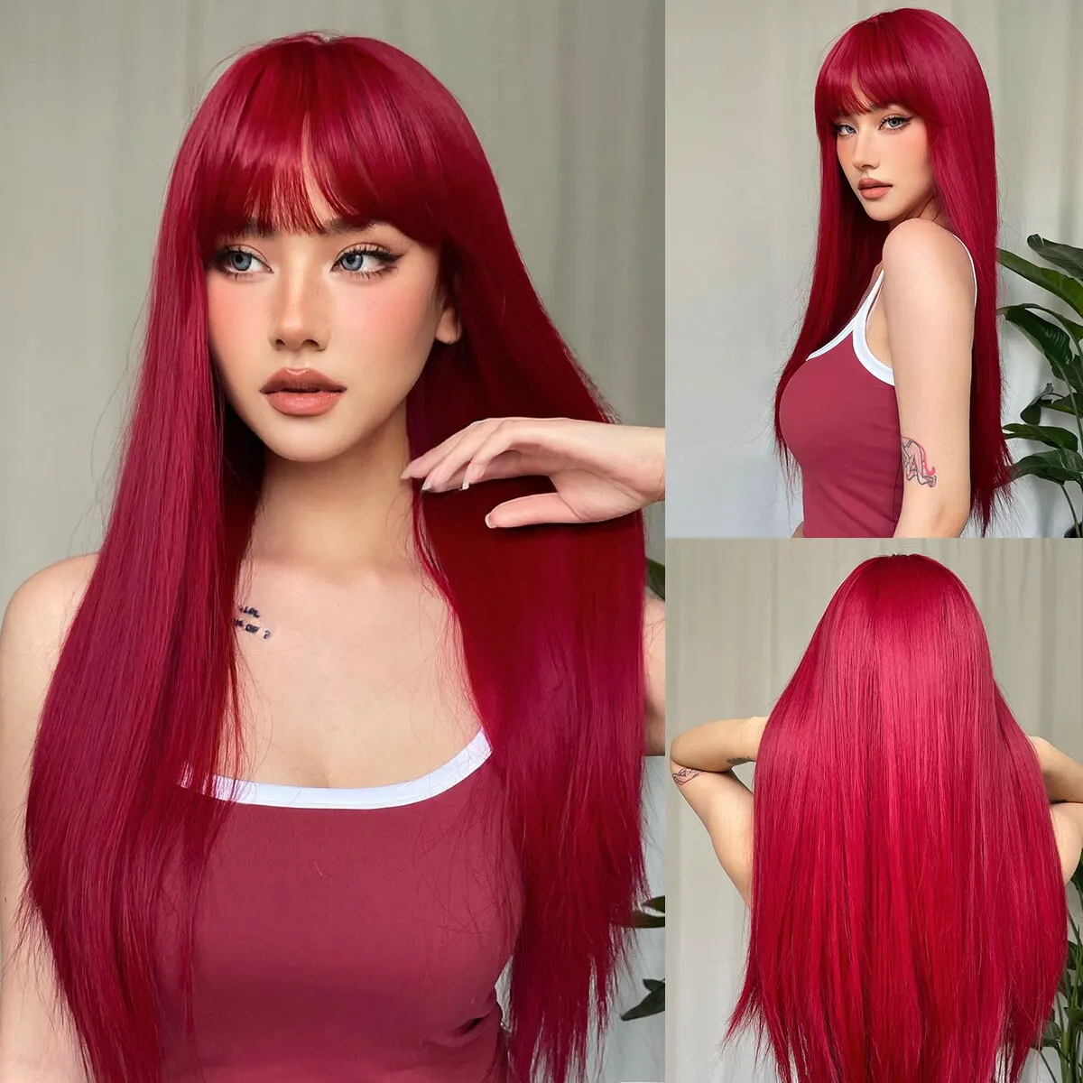 Light-Wine-Red-Synthetic-Wigs-With-Bangs-for-Women-Long-Straight-Hair ...
