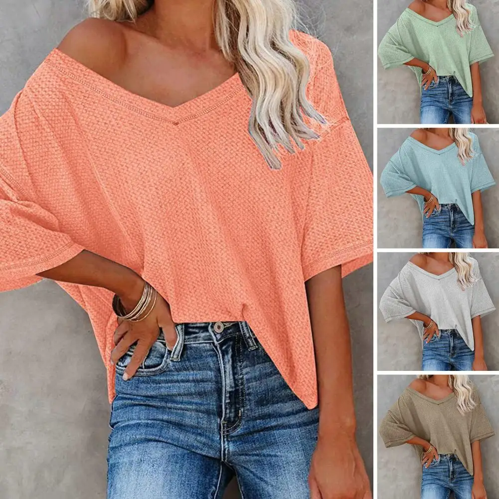 V-Neck-Batwing-manga-curta-Mulheres-Tops-textura-do-waffle-Arc-Hem-fino ...
