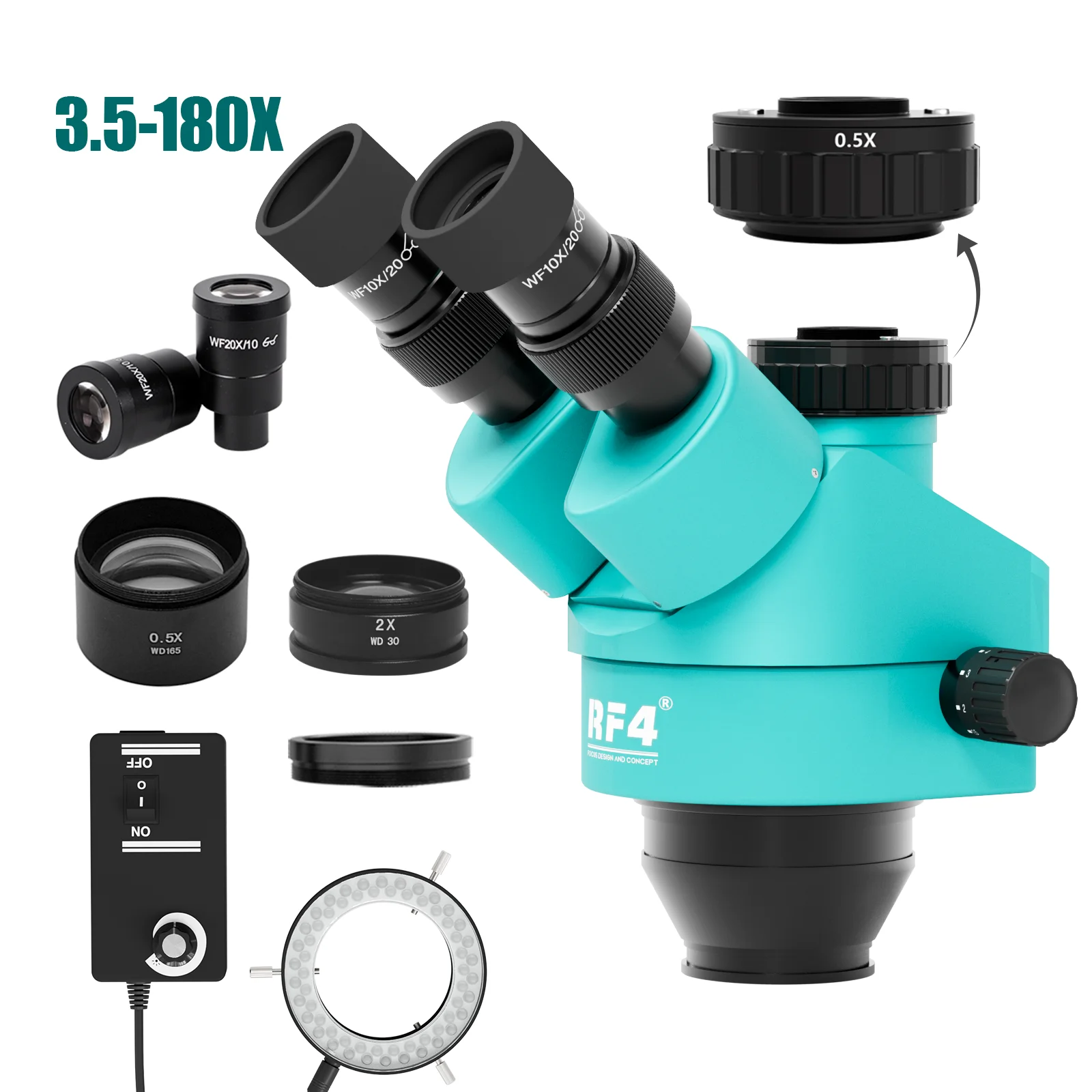 RF4 7-45X 3.5-90X 180X Simul-Focal Trinocular Zoom Stereo Microscope ...