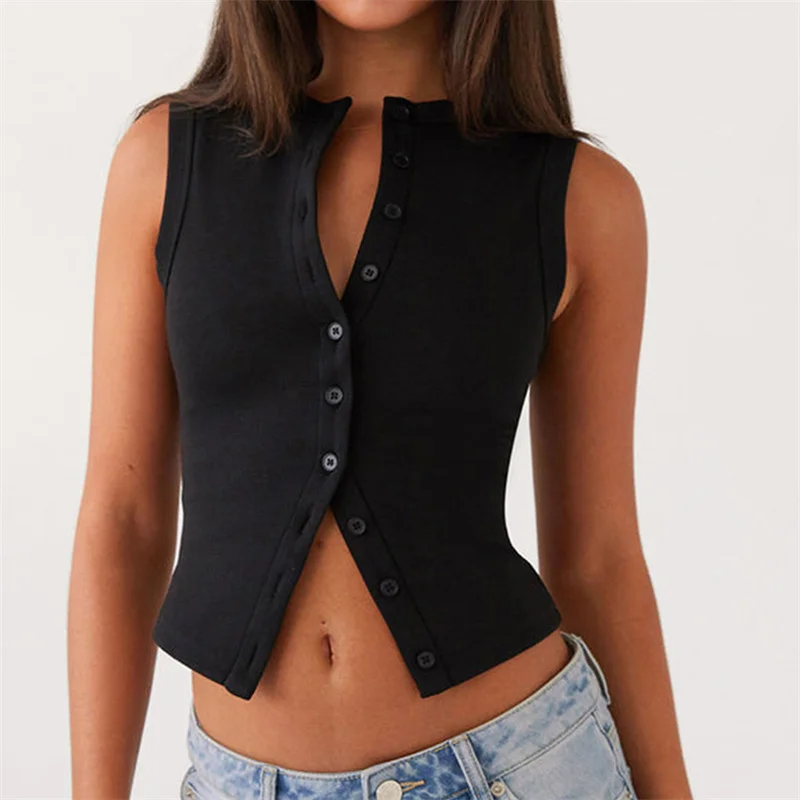 Vintage-Ribbed-Women-Button-Tank-Tops-Casual-Summer-Solid-Color-Sleeveless-Crop-Tops-Basic-Vest ...