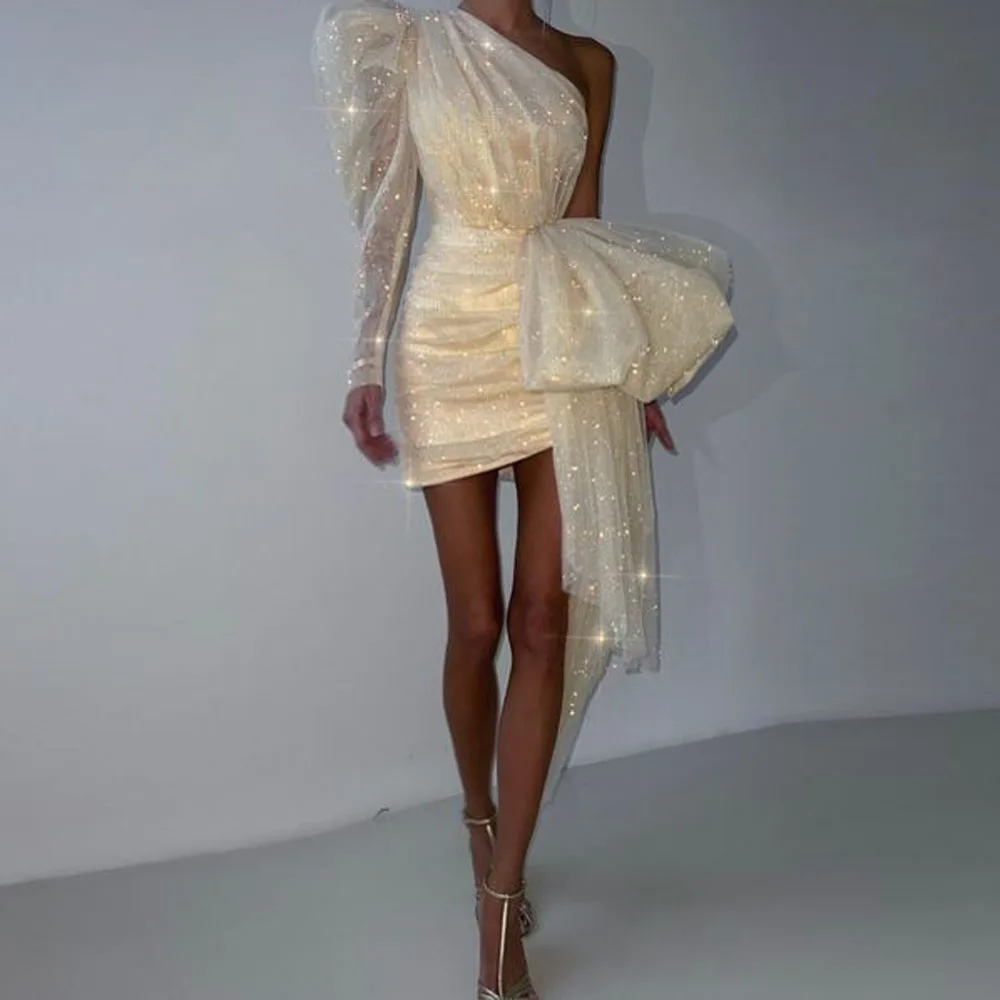 Bling Bling Tulle One Shoulder Short Women Dresses With Bow Details ...