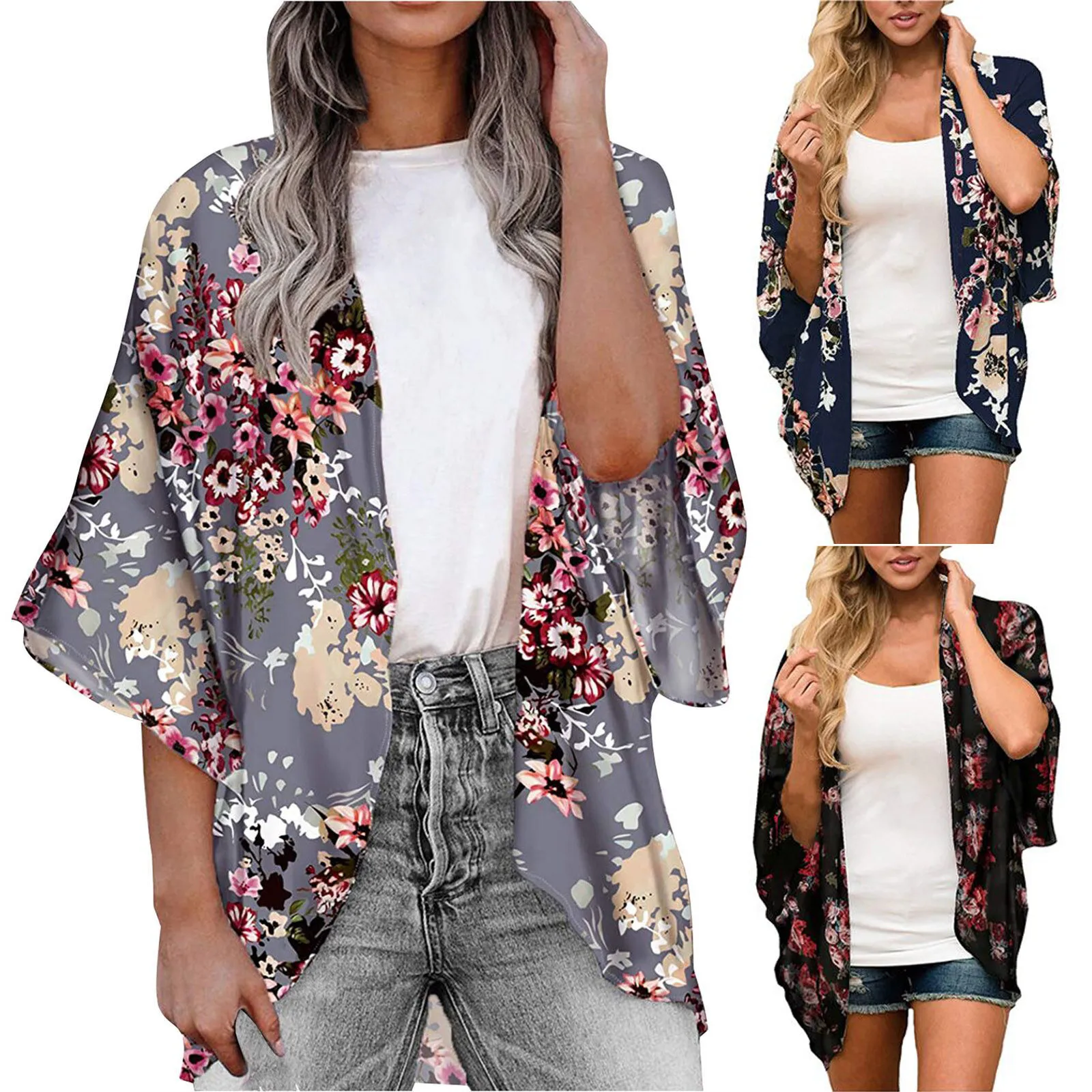 Kimono-de-gasa-con-estampado-Floral-para-mujer-c-rdigan-ligero-de-manga ...