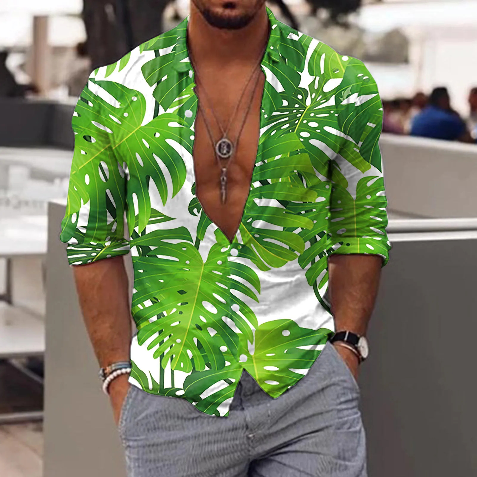 2022-Green-Shirt-Men-Hawaiian-Shirts-Lapel-Long-Sleeve-Pattern-Print ...