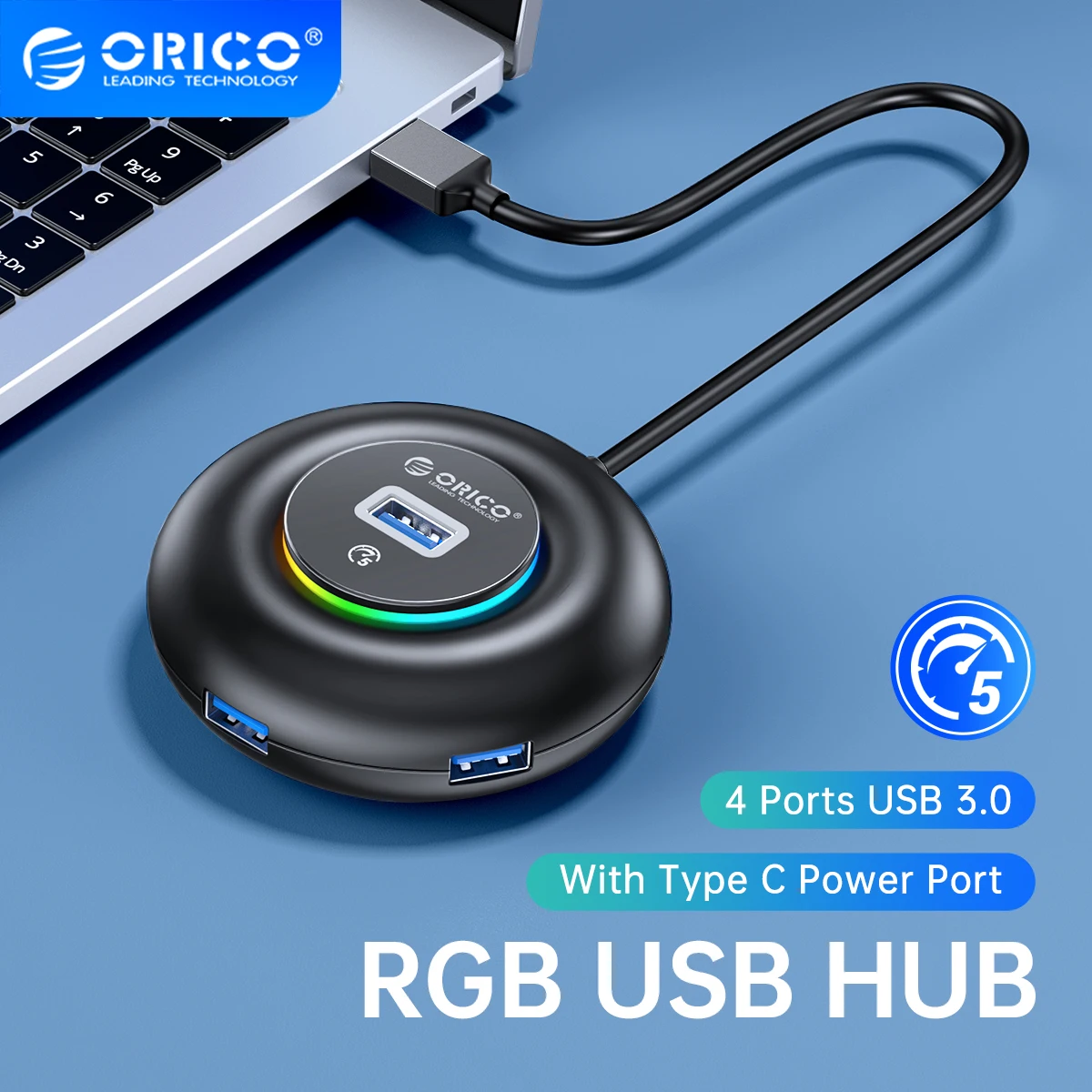 ORICO RGB USB HUB 4 Ports 3.0 Multi USB Splitter with Type C Charge Power Ultra Slim OTG Adapter ...
