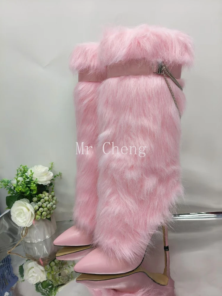 Gradient-Pink-Plush-Fur-Knee-Boots-Winter-Elegant-Woman-Metal-Buckle ...