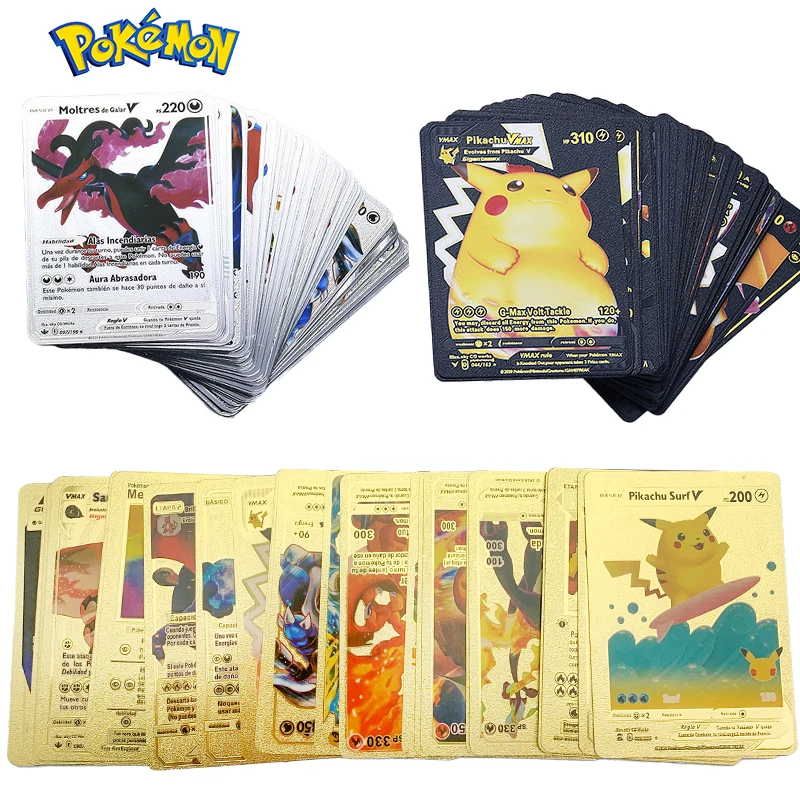 Pokemon-cartas-negras-de-Metal-oro-plata-Vmax-GX-ingl-s-espa-ol-Pikachu ...