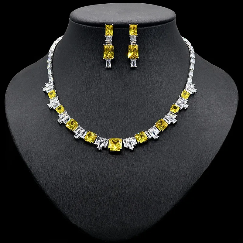 Square-Shape-Yellow-Cubic-Zircon-Party-Necklace-Jewlery-Sets-for-Women ...