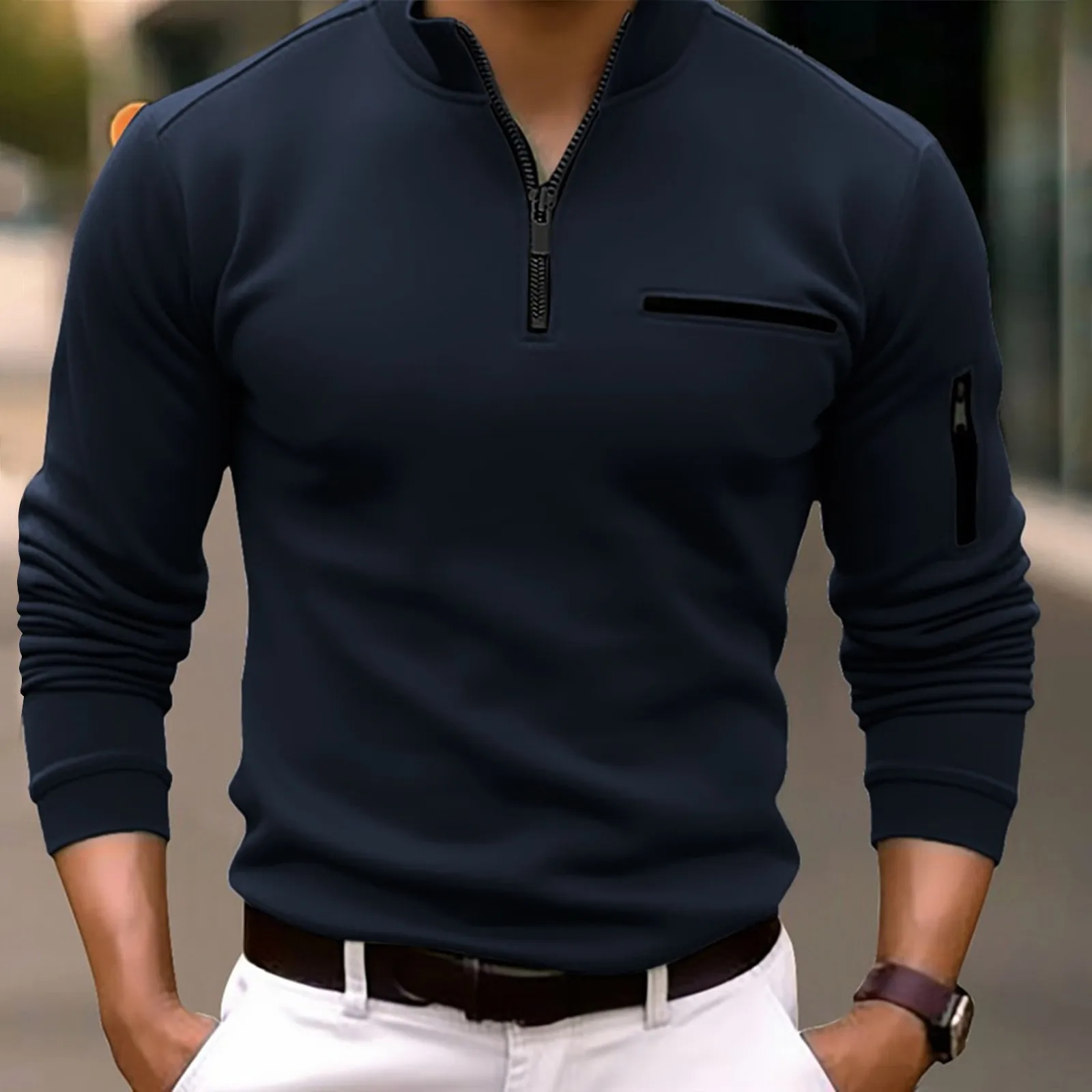 Male-Shirt-Quarter-Zip-Work-Daily-Wear-Long-Sleeve-Fashion-Comfortable ...