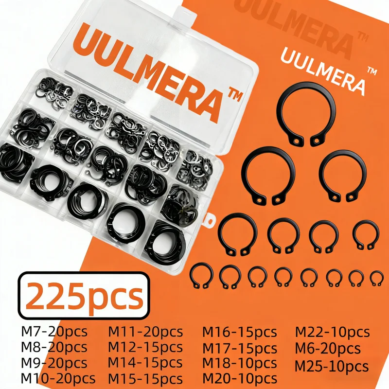 UULMERA 225-Piece Set M6-M25, Mn Steel C-Type Retaining Rings, Internal ...