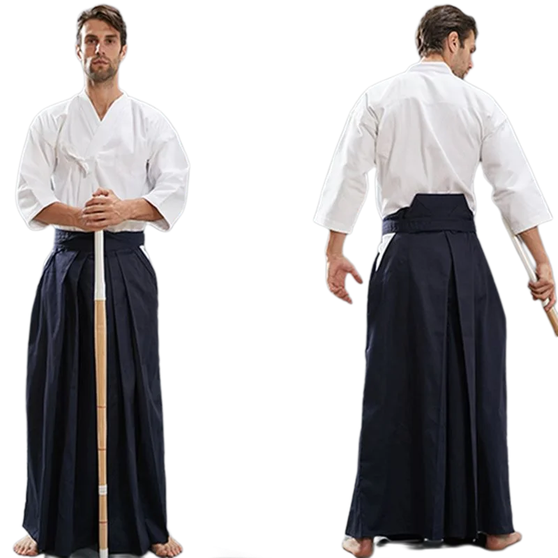 Aikido-Gi-Uniform-Cotton-Hapkido-Pants-Kendo-Hakama-Black-Deep-Blue-White-Japanese-Samurai ...