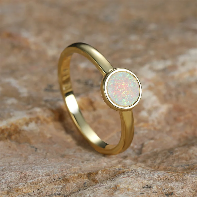 Female Male Single Round Stone Ring Gold Color White Fire Opal Rings For Women Men Wedding Bands ...
