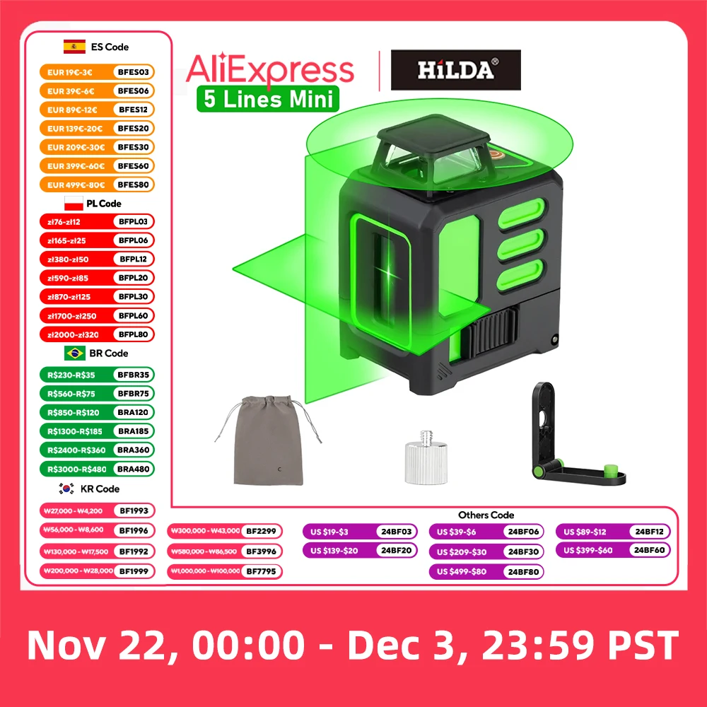 HILDA-5-Lines-Laser-Level-Self-Leveling-Meter-Cross-Green-Level-Laser ...