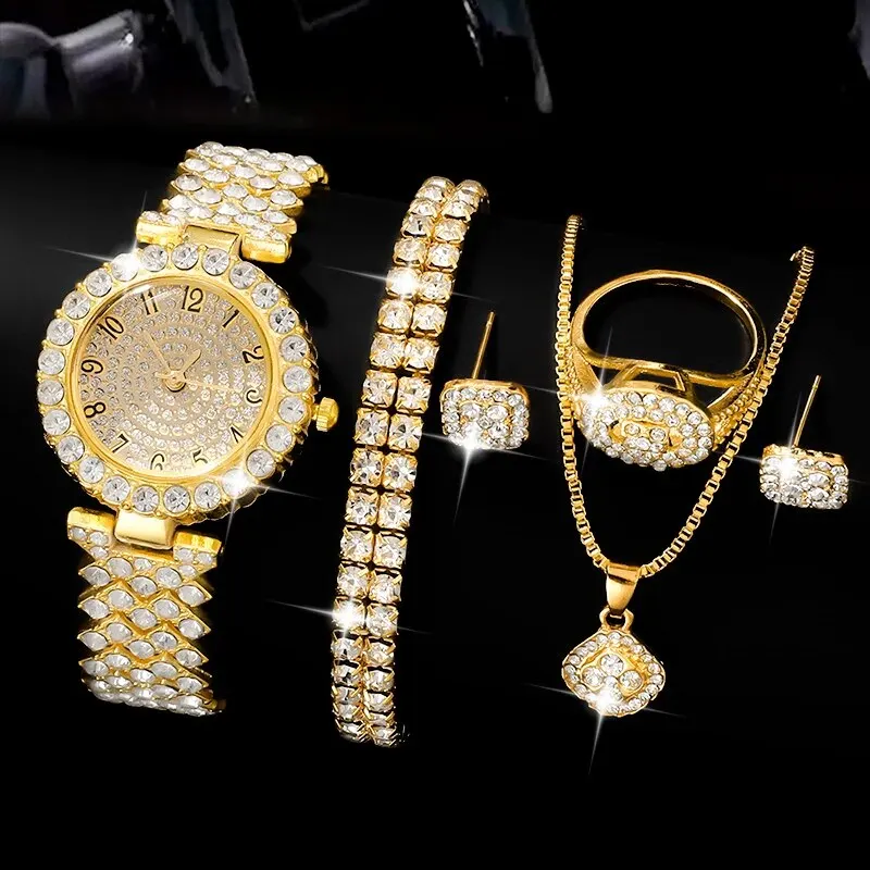 Women-Gold-Watch-Ring-Necklace-Earrings-Bracelet-Set-Diamond-Fashion ...