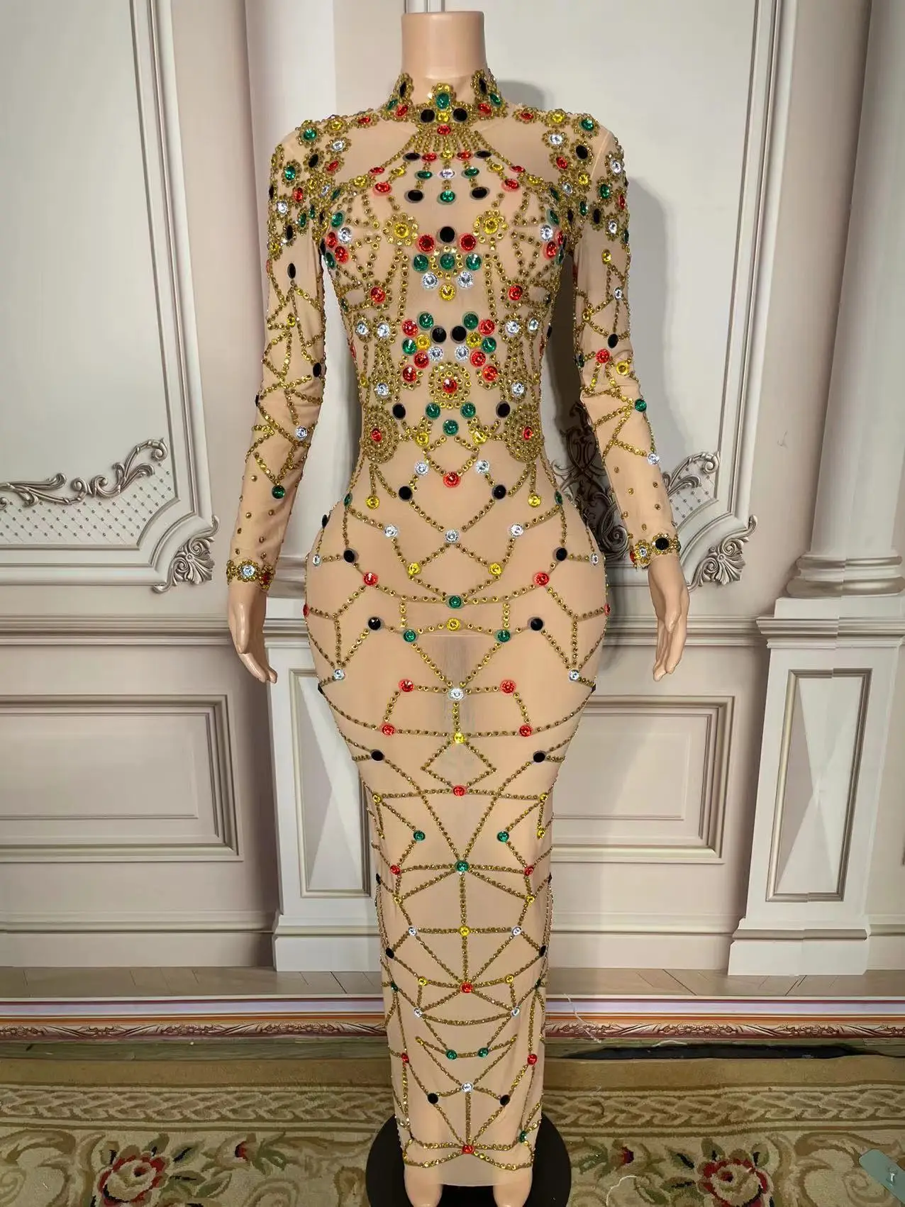 Women Sexy Stage Transparent Multi color Big Rhinestones Dress Bar Prom ...