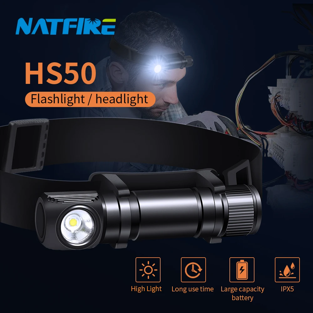 NATFIRE linterna frontal HS50 para pesca al aire libre, luz LED EDC 18650 recargable por USB C ...