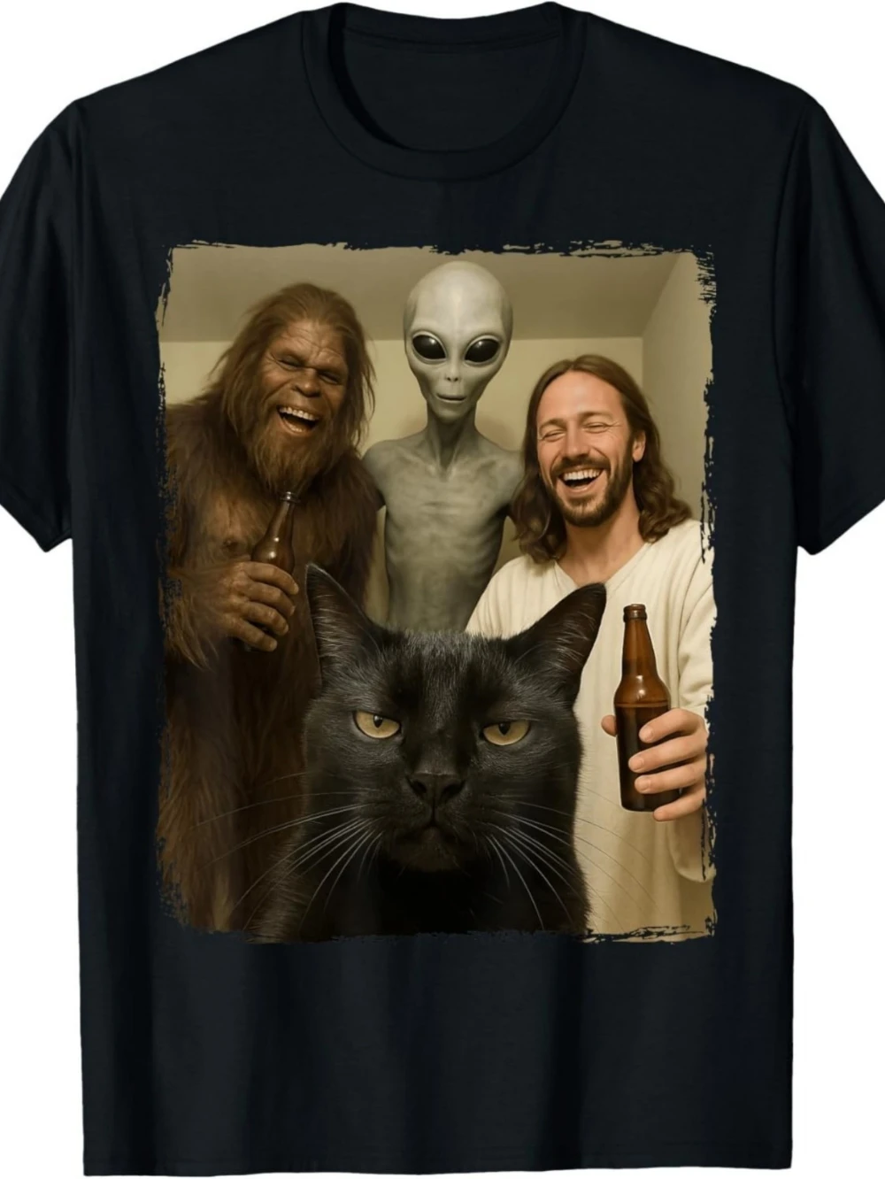 Funny Jesus, Alien, and Cat Selfie T-shirt 1960s Retro UFO Alien ...
