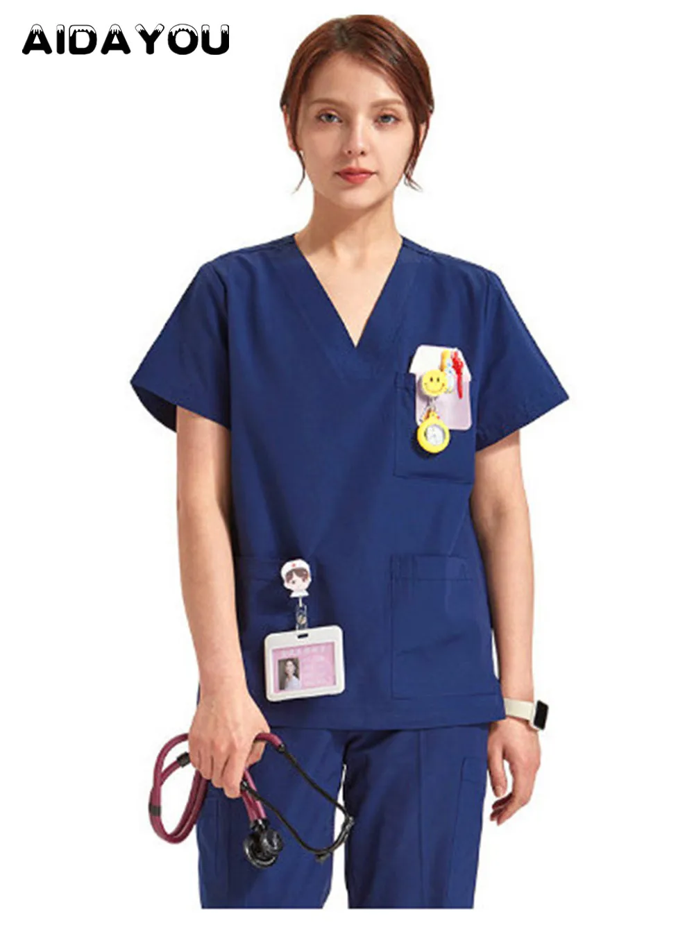 Medical Uniform Scrubs Set Cotton 8 Pocket V-Neck Top with Drawstring ...