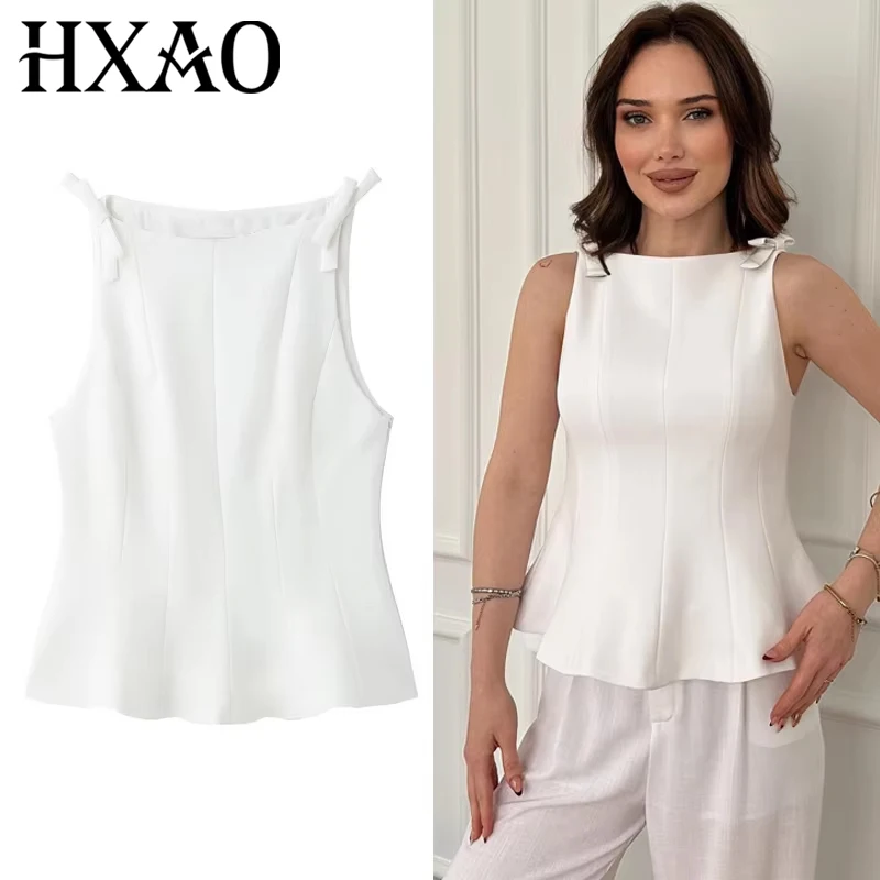 HXAO Tank Top Women Bow Ruffle Hem Zipper Sleeveless Tops Women Summer ...