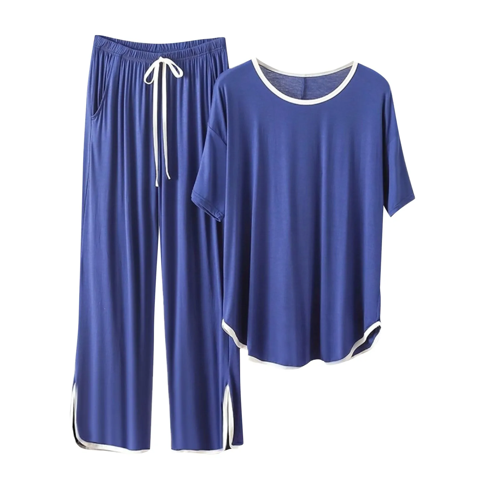 Large-Size-Solid-Color-Short-Sleeved-With-Long-Drawstring-Pants-Home ...