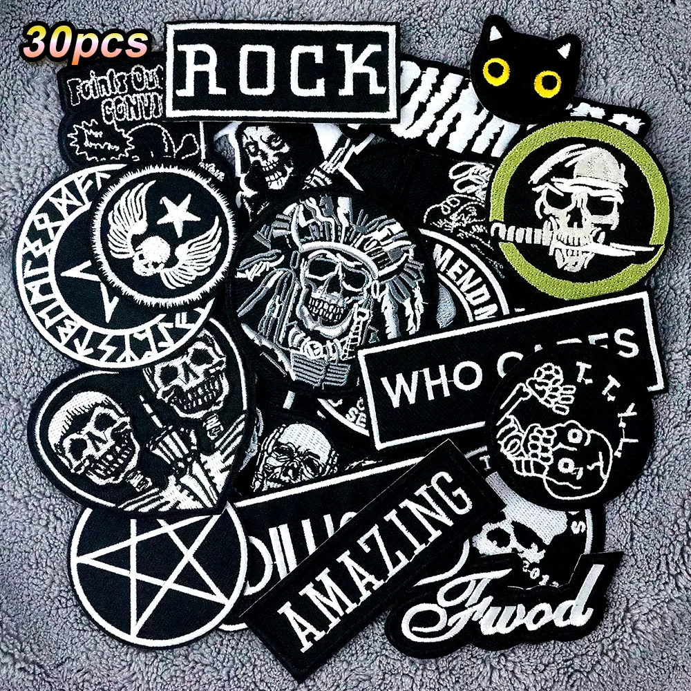 30Pcs-Lot-Black-White-Rock-Punker-Iron-on-Patches-Appliques-Sewing ...