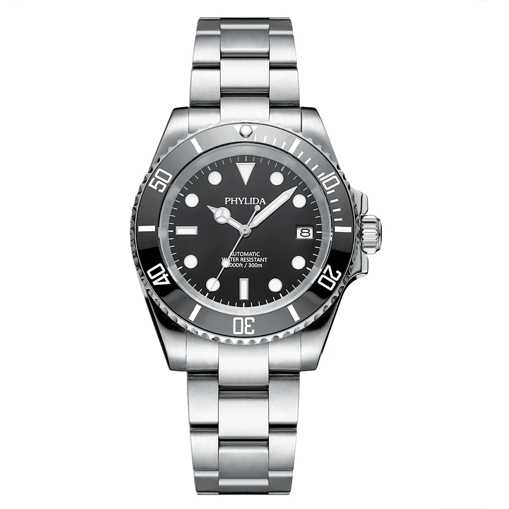 PHYLIDA 300M Water Resistant 40mm Men's Black Diver Watch Automatic ...