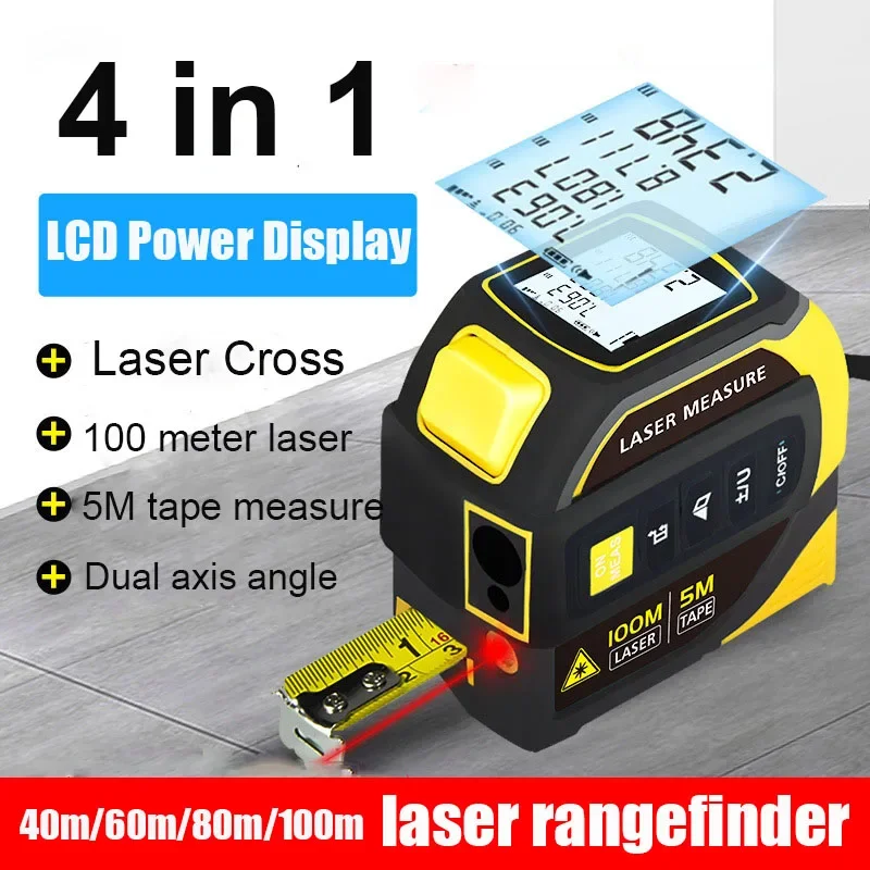 4 in1 לייזר סרט מדידה 40m 60m100m drogefinder 5m סרט מדידה מתח lcd כוח ...