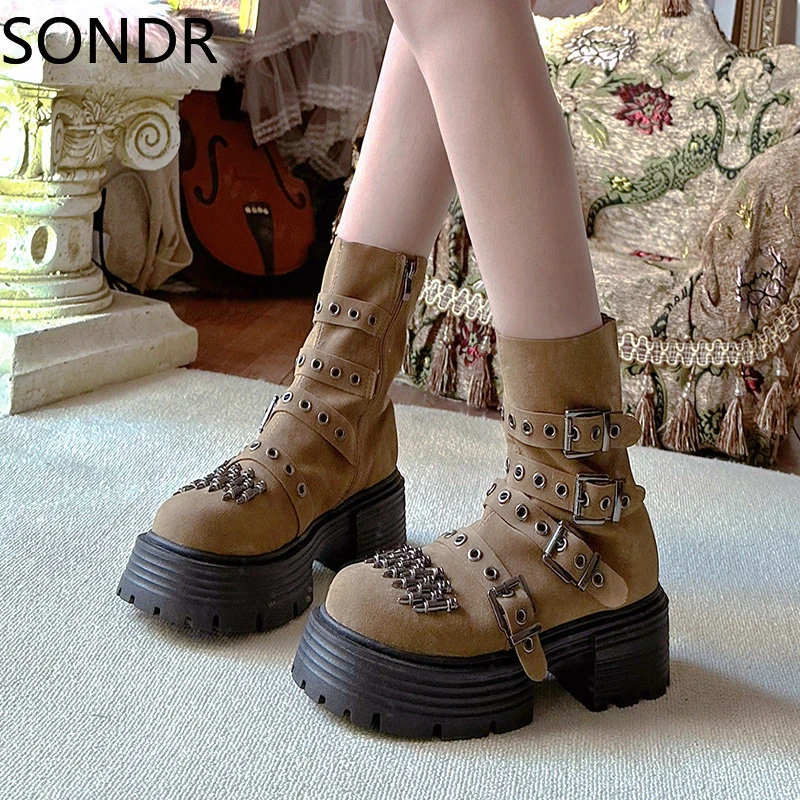 Women Round Toe Metal bullet Gothic Punk Ankle Boots Shoes Belt Buckle ...