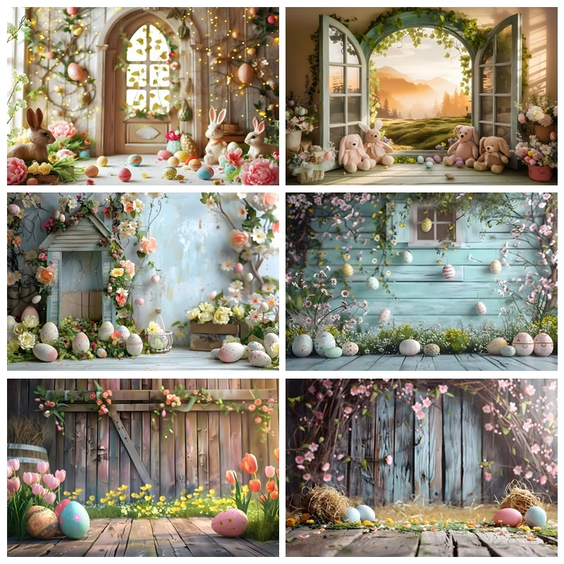 Happy Easter Photography Backdrop Spring Natural Scenery Garden Rabbit ...
