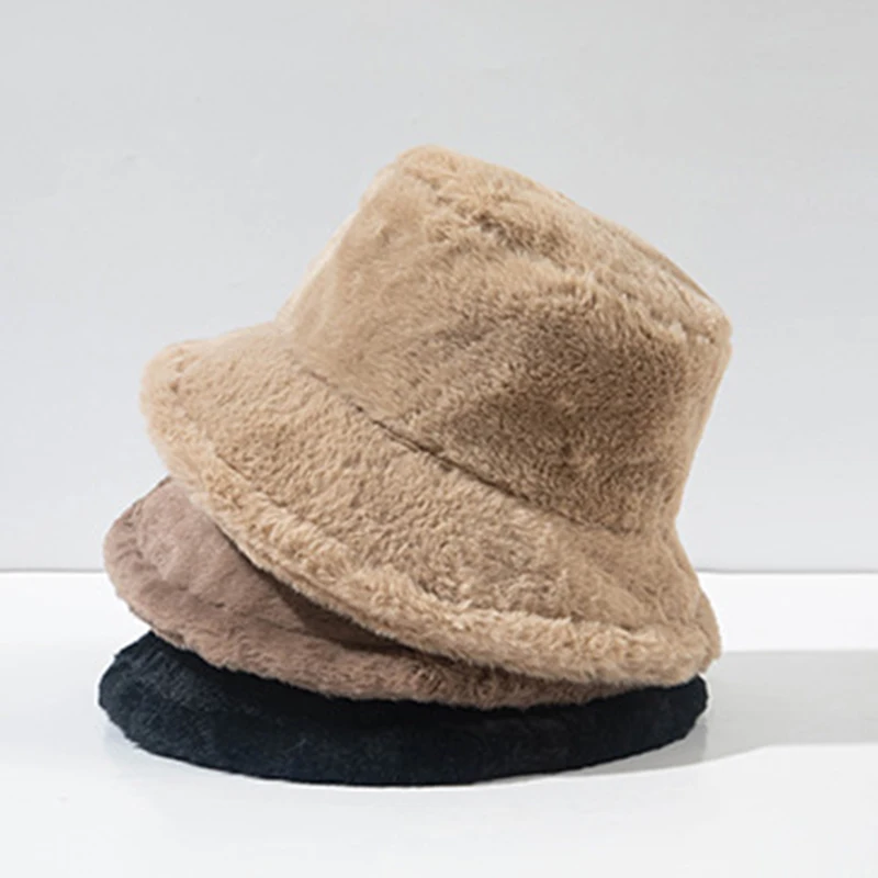 Soft-Winter-Plush-Warm-Bucket-Hat-For-Women-Girl-Solid-Color-Fordable ...