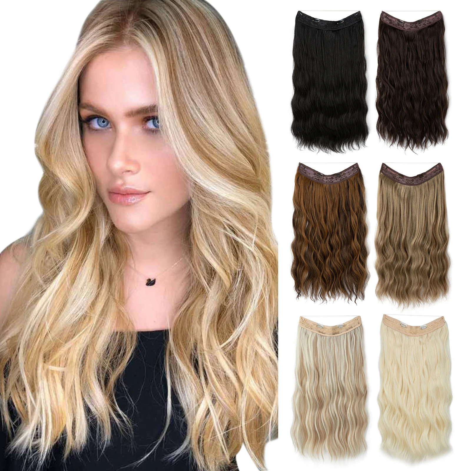 Elegant-Synthetic-Invisible-Clip-In-Hair-Extensions-Daily-Use-Wire-With ...