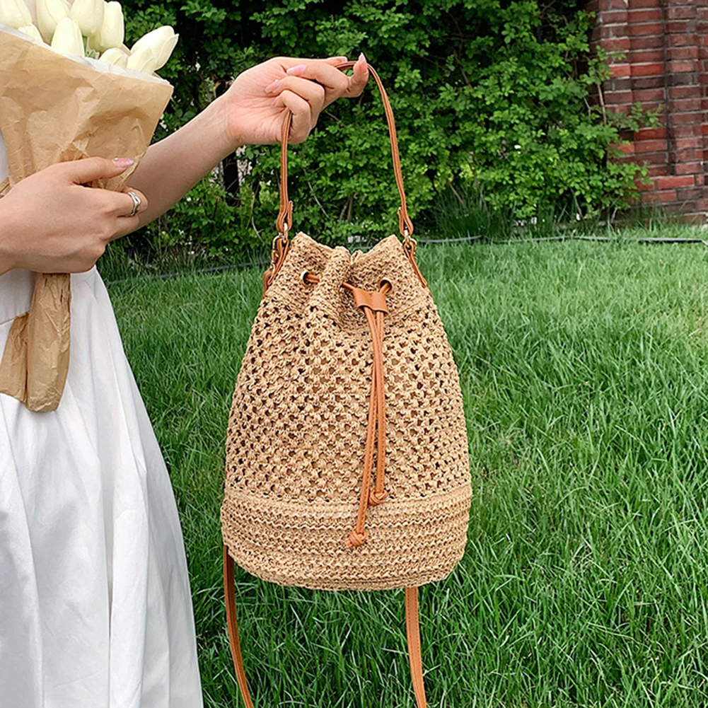 Summer-Straw-Shoulder-Bags-Drawstring-Women-s-Straw-Bucket-Bag-Purse ...