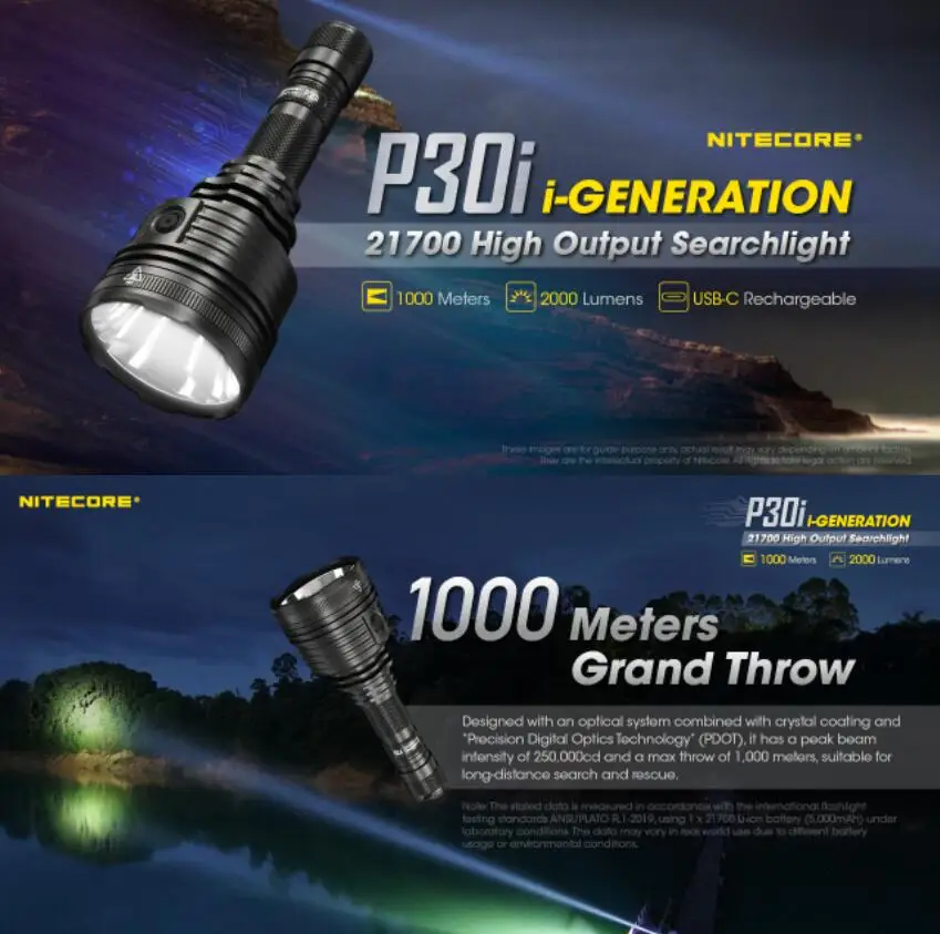 NITECORE P30i Flashlight XHP35 HI LED 2000 Lumens USB-C Rechargeable Law Enforcement Torch ...