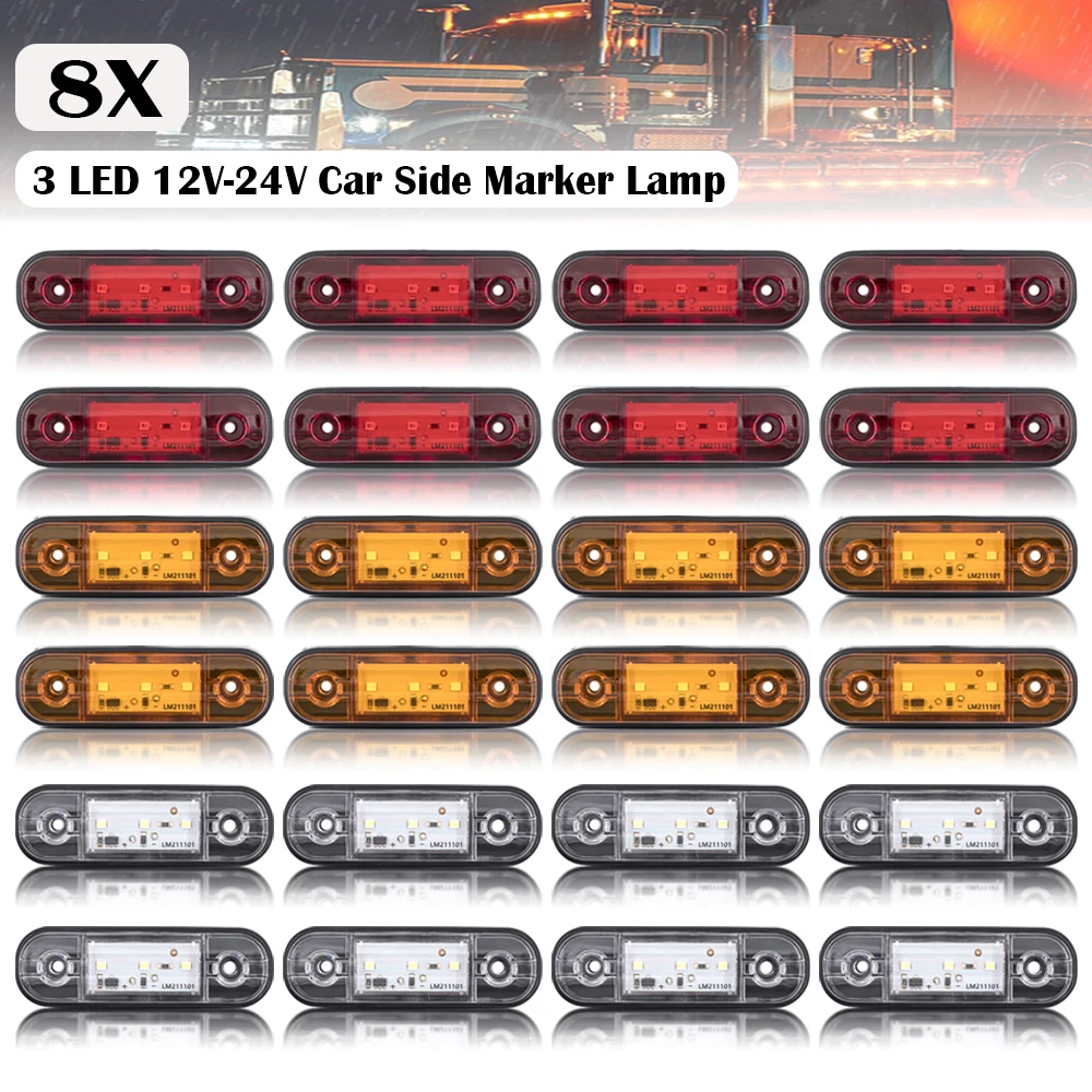 8PCS 12V 24V LED Car Warning Light 3 LED Light For Trailer Truck Lorry ...