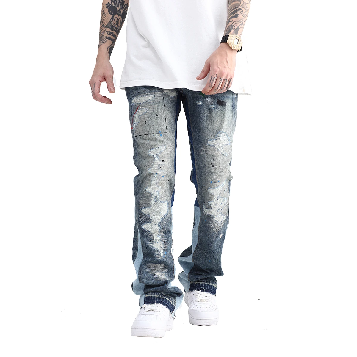 Blue-Speckle-ink-Washed-Destroyed-Flared-Jean-Pants-Hip-Hop-Graffiti ...