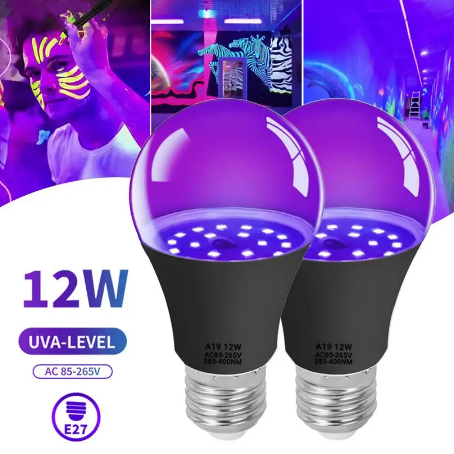 Paquete-de-2-bombillas-LED-negras-E27-A19-12W-luz-negra-UV-UVA-385 ...