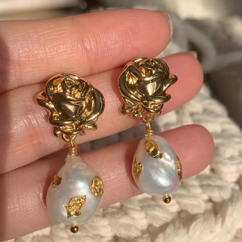 French-Gold-Color-Baroque-Pearl-Flower-Gold-Foil-Stud-Earrings-for ...