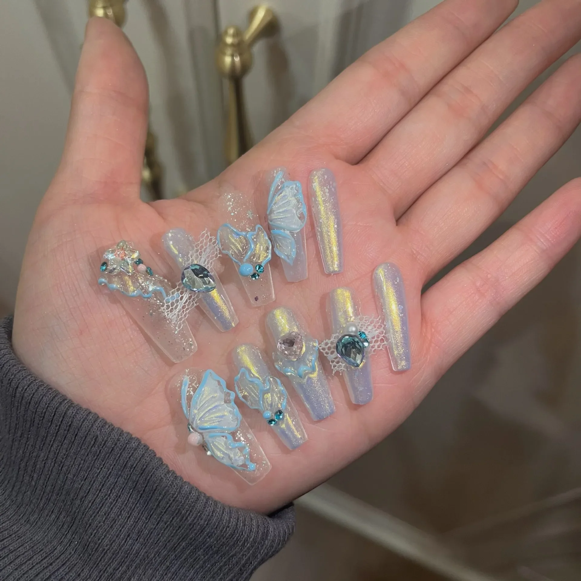 10Pcs-Blue-Handmade-acrylic-Nails-Set-Press-on-Professional-Full-Cover ...