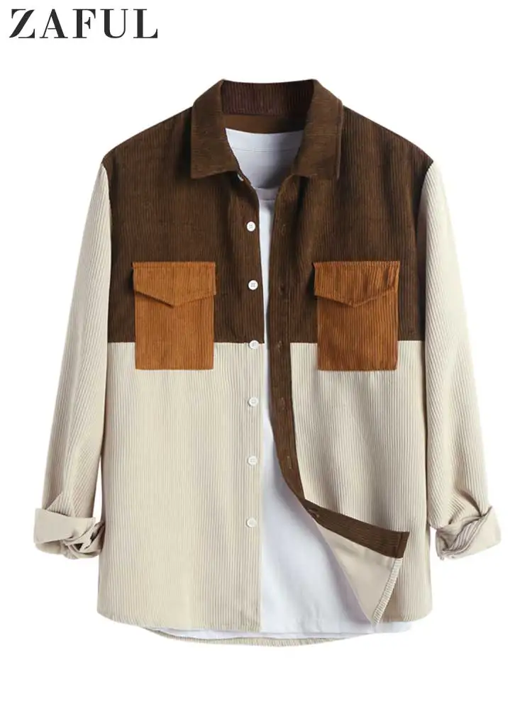 ZAFUL Corduroy Shirt for Men Colorblock Long Sleeves Blouses Casual ...