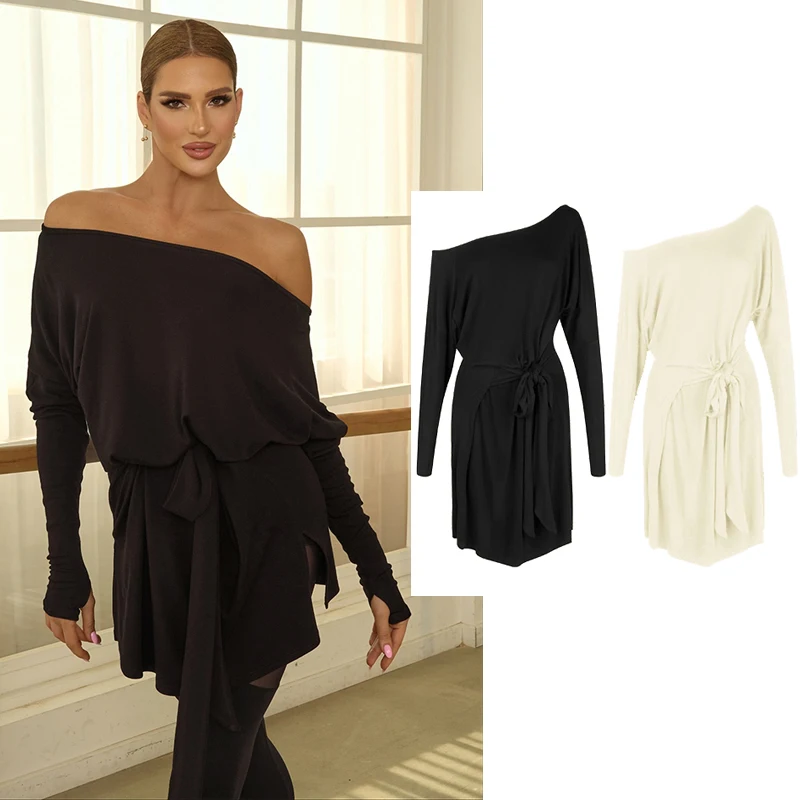 ZYM Slant Shoulder Latin Dance Dress Women Long Sleeves Loose Practice ...