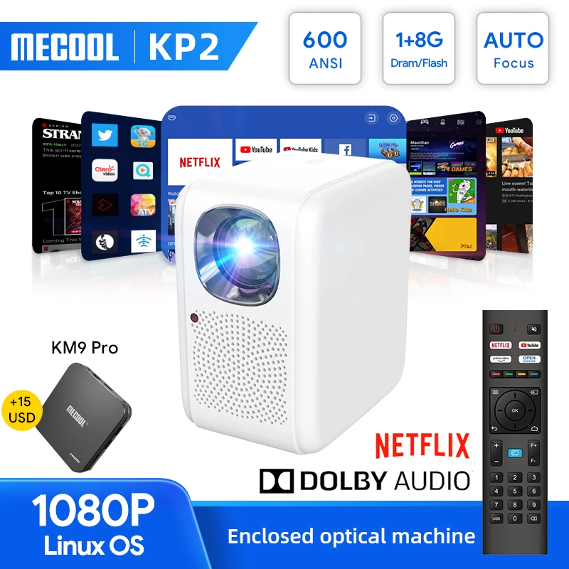 MECOOL-KP2 Projetor Versão Global com Linux, Wi-Fi, Certificado Netflix, Áudio Dolby, Home ...