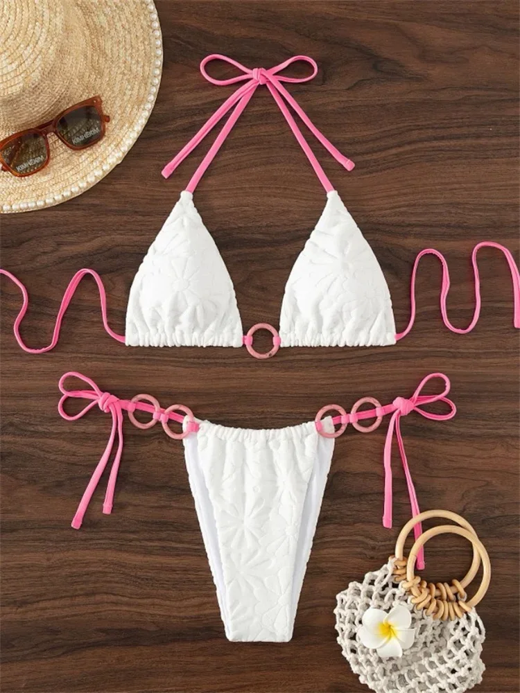 Sexy Triangle Bikini Women White Contrast Ring Linked Criss Cross Micro ...