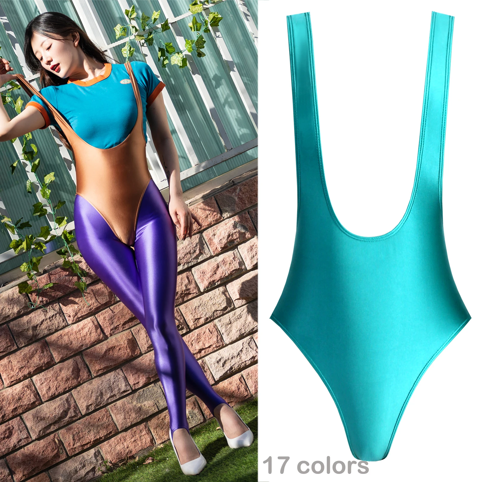 Satin Glossy T Back Leotard Sexy High Cut Bikini Body Shaping Bodysuit Beach Women Thong Tights ...