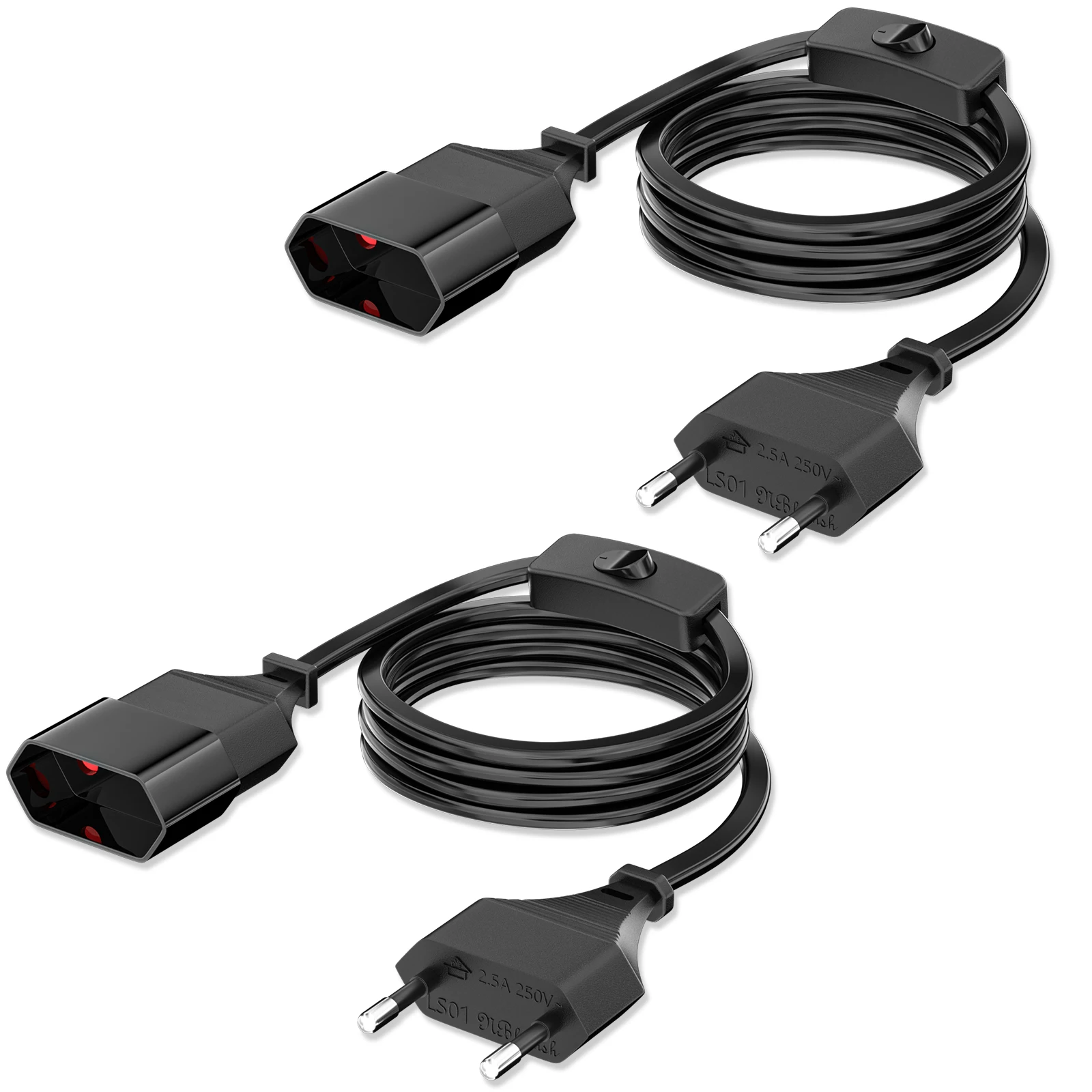 2-piece-EU-plug-Power-cord-Male-plug-to-female-socket-with-switch-2-5A ...