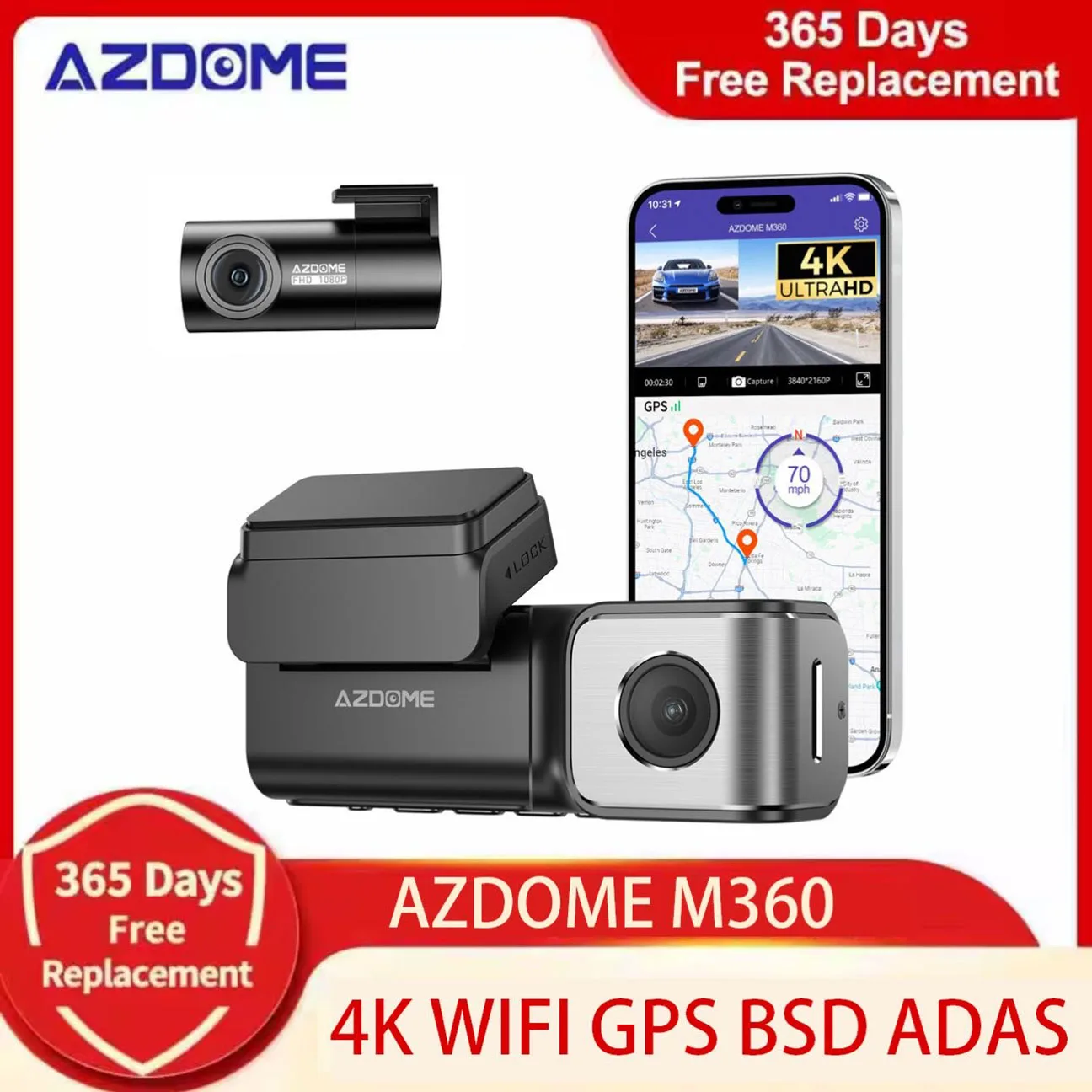 AZDOME M360 Car DVR Dash Cam 4K+1080P Dual Camera 5.8Ghz WiFi BSD ADAS ...