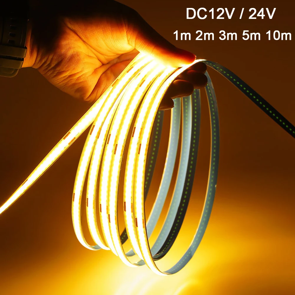 COB LED 스트립 조명, 320 LEDs/m 고휘도, 유연한 리본 LED 라인 조명, 따뜻한 자연 쿨 화이트 DC12V 24V