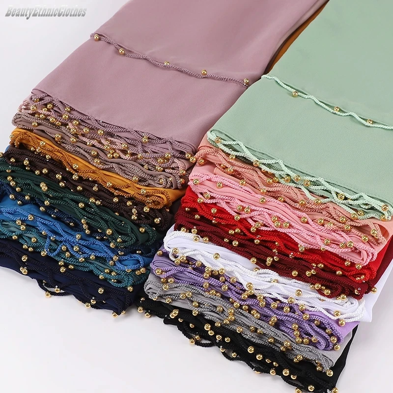 New Malaysian Chiffon Hijab With Gold Beads Womens Hijab Head Wrap ...