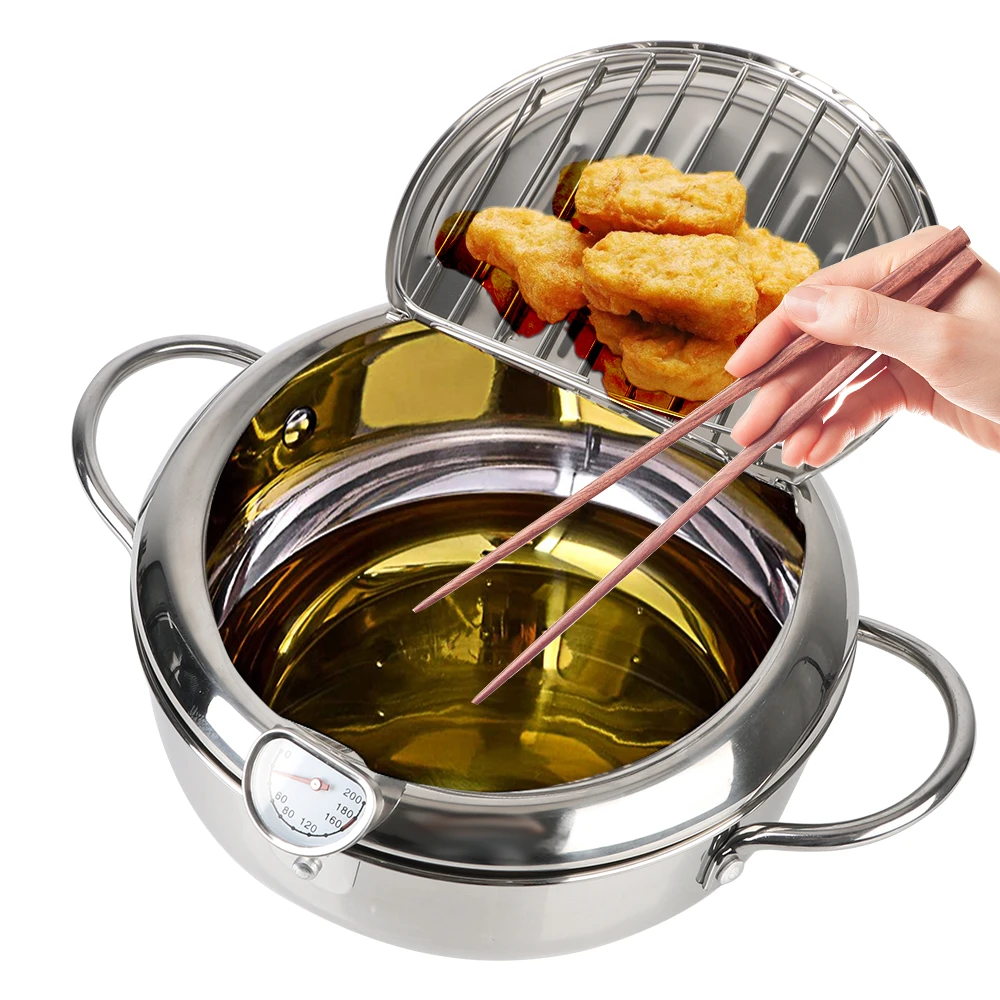 2 Handles Tempura Fryer Pan Kitchenware With Thermometer and Lid Deep ...