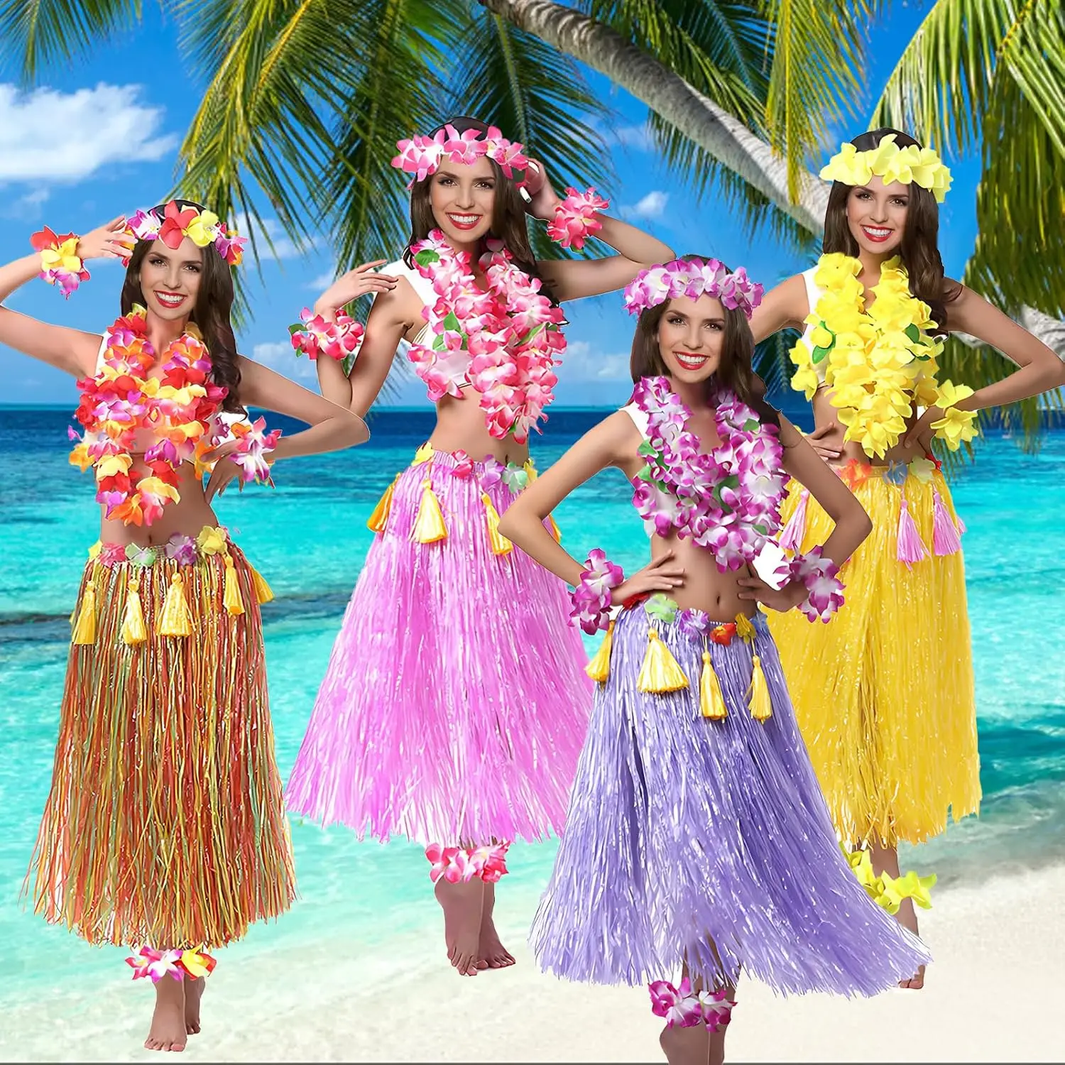 Women Girls Hawaiian Luau Hula Grass Skirts Flower Leis Necklace Hula ...